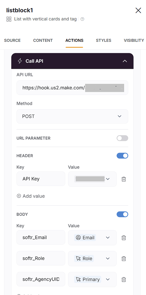 Softr Call API -> Make.com Scenario... and the resulting data -> same Softr client portal page ...